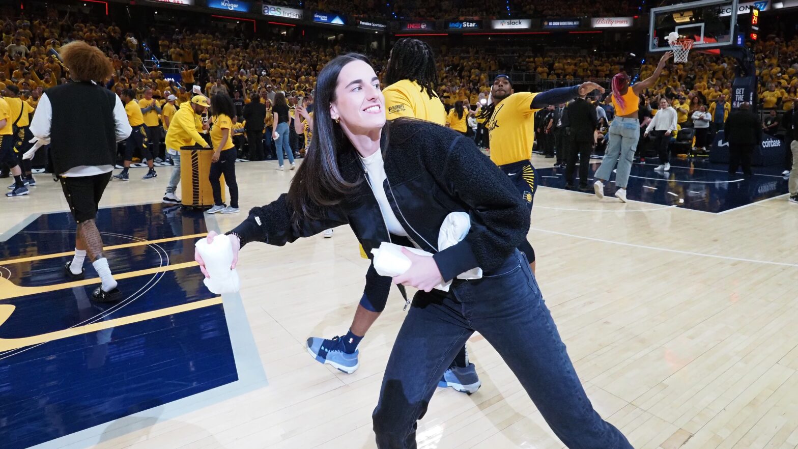 Caitlin Clark adds extra buzz, attends Bucks-Pacers Game 3 | NBA.com
