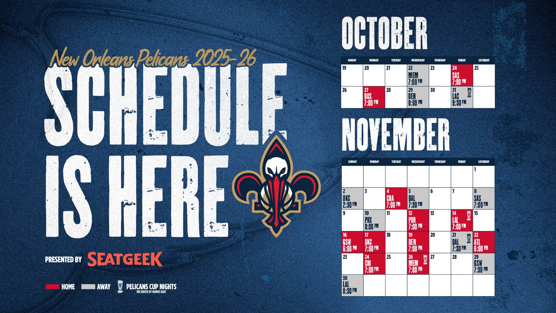 Pelicans announce 2025-26 regular season schedule presented by SeatGeek ...