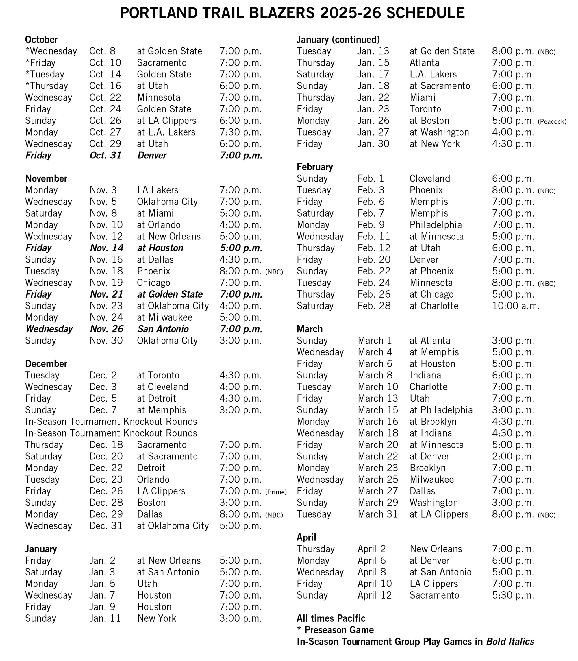 Trail Blazers Announce 2025-26 Regular Season Schedule | Portland Trail ...